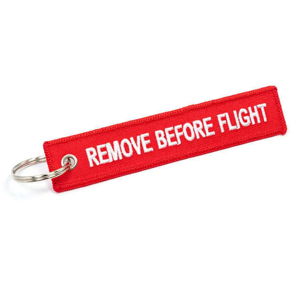 Remove Before Flight Key Chain - Red fabric with black embroidery ...